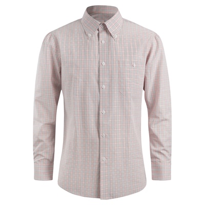 平圆粉色格子扣领长袖衬衫男