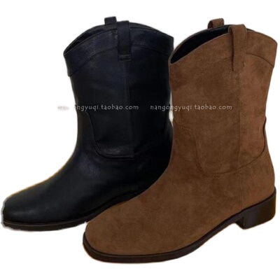 复古休闲磨砂皮套筒西部靴中筒靴