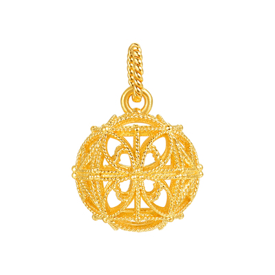 明牌珠宝金轮福转古法黄金项链 足金花丝镂空吊坠新年礼物AFB0499