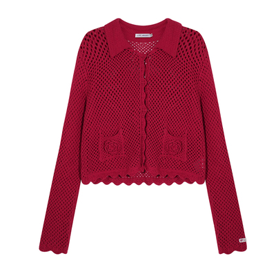 AsGony韩系镂空立体花朵钩针开衫