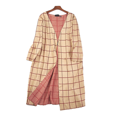 贸原单格子长款开衫毛衣女针织衫