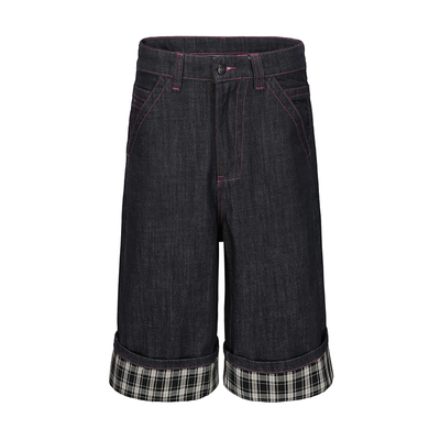 SNU【孟美岐同款】原牛牛仔短裤女阔腿水洗复古格子翻边七分中裤