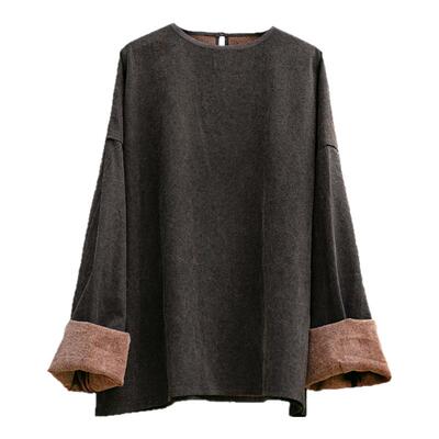 檀棕色重磅柞蚕丝圆领宽松套头衫