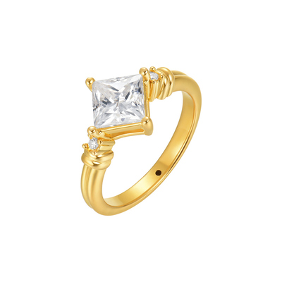 明牌珠宝心动星芒硬金戒指 黄金莫桑石镶嵌经典方形钻戒AFM0447