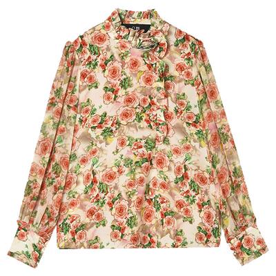 花色可开扣长袖衬衫女