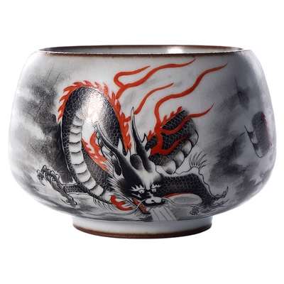 景德镇纯手工墨彩龙茶杯主人杯月白釉开片中式国潮陶瓷茶具礼盒装