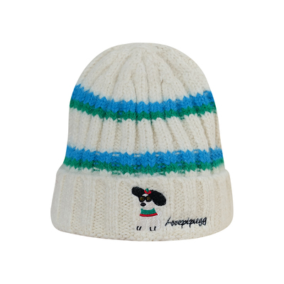 小狗刺绣针织毛线帽女秋冬