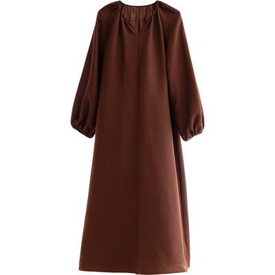 复古美拉德色系V领灯笼袖连衣裙