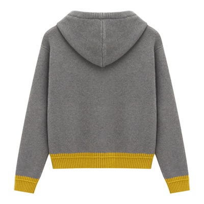 Basic House/百家好撞色连帽针织上衣女冬季灰黄拼接抽绳宽松毛衣