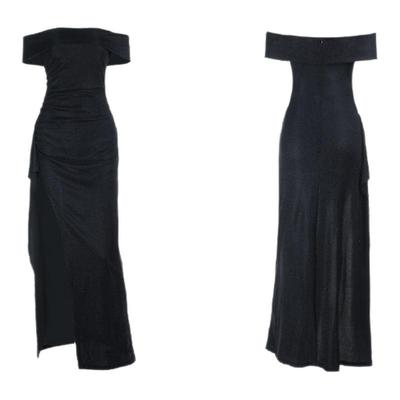 圣诞一字肩红色闪闪开衩连衣裙