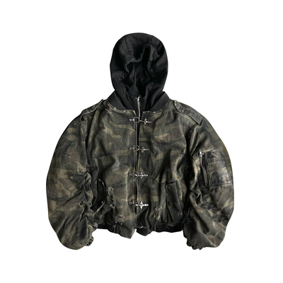 GOJOYJINNI水洗喷脏迷彩破坏连帽假两件廓形加厚棉服夹克bomber