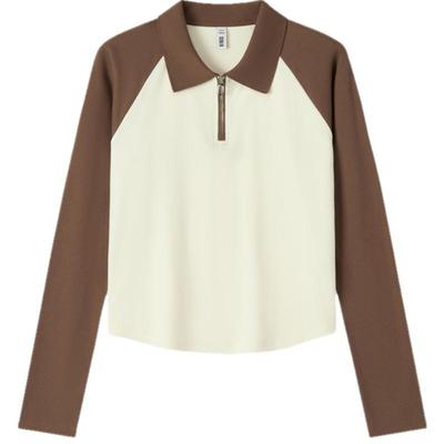 森马拼色插肩袖修身短款POLO衫女