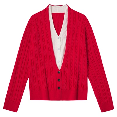 PSO Brand女装假两件长袖红色毛衣外套女冬季休闲针织上衣毛线衣