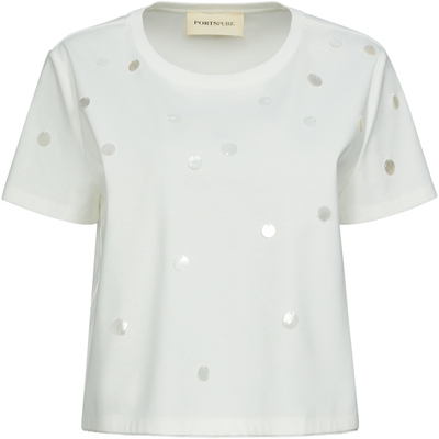 宝姿PORTSPURE女装2026春夏新品百搭舒适贝母装饰H型圆领短袖T恤