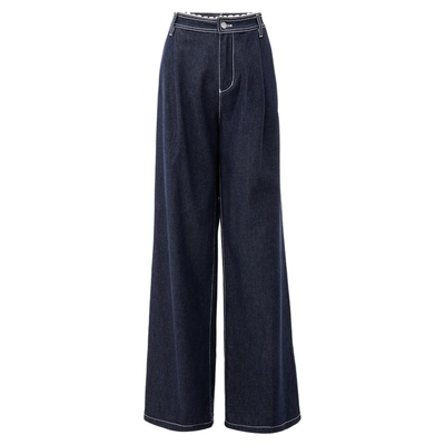 诱货蓝色高腰水洗阔腿做旧牛仔裤