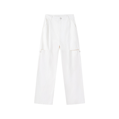 Jamor时尚白色牛仔裤2025夏季新款镂空设计感直筒显瘦长裤