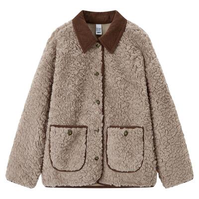 森马灯芯绒翻领仿兔毛宽松外套女