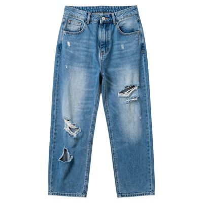 2026春季新款韩国博主街头感水洗浅蓝色宽松拉丝破洞牛仔裤女