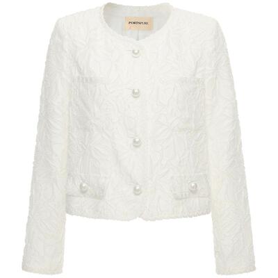 宝姿PORTSPURE女装舒适提花肌理仿珍珠纽扣短外套