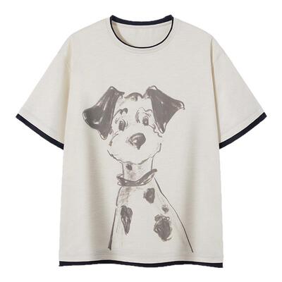 PSO Brand男装女装假两件平纹手绘狗狗短袖T恤情侣装半袖体恤上衣