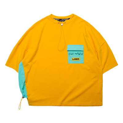 拉链口袋拼接抽绳短袖T恤