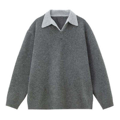 英伦风翻领假两件重磅毛衣情侣款