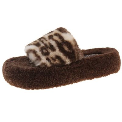 小众豹纹毛毛拖鞋女外穿时尚百搭一字拖秋冬厚底增高一脚蹬棉拖鞋