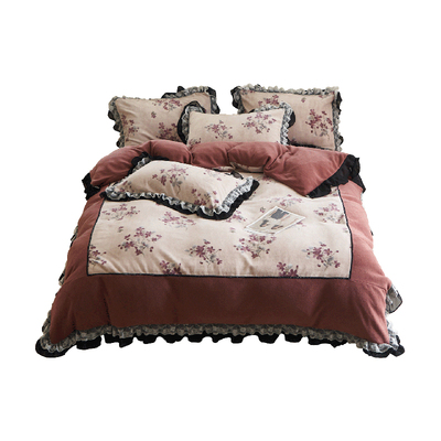 法式复古田园风牛奶绒床上四件套冬季加厚保暖花边被套床单床笠款