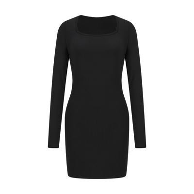 加绒加厚方领长袖连衣裙包臀短裙