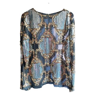 欧美新款韩版大码女装打底衫长袖设计感立体撞色明星同款网纱上衣