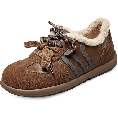 意尔康加绒保暖真皮德训鞋女2025冬季新款复古休闲平底阿甘鞋板鞋