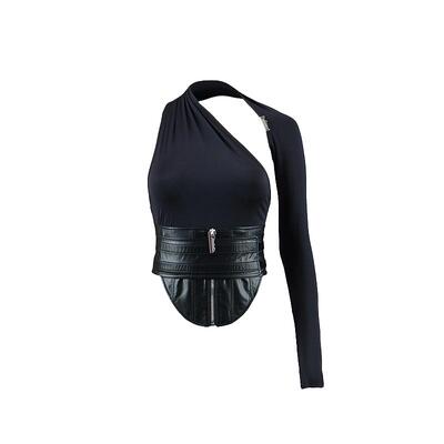 鱼骨腰封性感弹力单袖紧身上衣