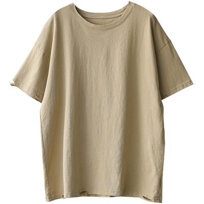 圆领短袖下摆破洞纯色素款T恤女