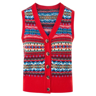 【MONEY HONG】朗姿圆领费尔岛针织开衫通勤毛衣/马甲气质套装女