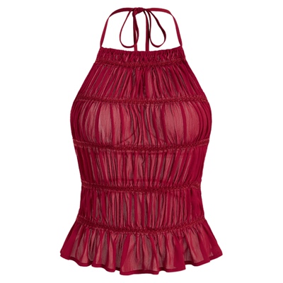 【明星同款】CIDER雪纺挂脖褶皱背心抽褶露背上衣114631717