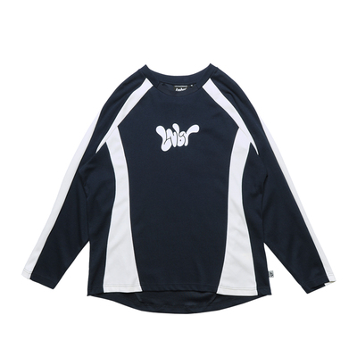 LNBR藏青色拼接趣味印花长袖T恤复古美式球衣风休闲宽松男女大码