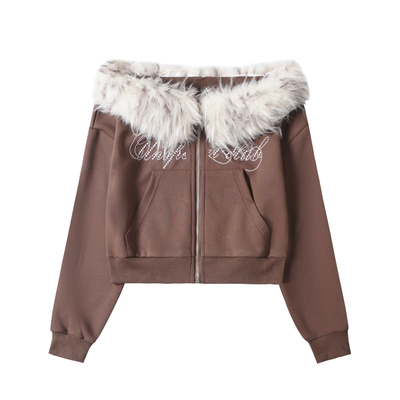 美式复古辣妹风毛领一字肩外套