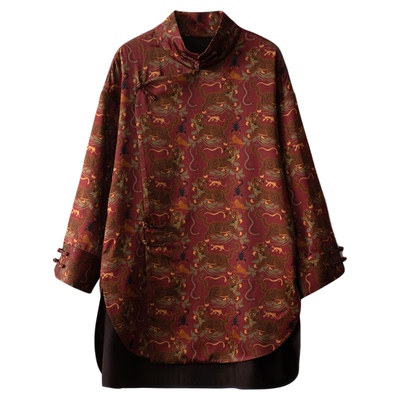 一丝牵40姆米100%桑蚕丝重缎虎镇五毒香云纱真丝立领衬衫上衣女春