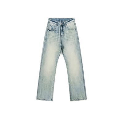 98SQUID 美式复古水洗裂纹猫须微喇牛仔裤男女宽松休闲浅色长裤子