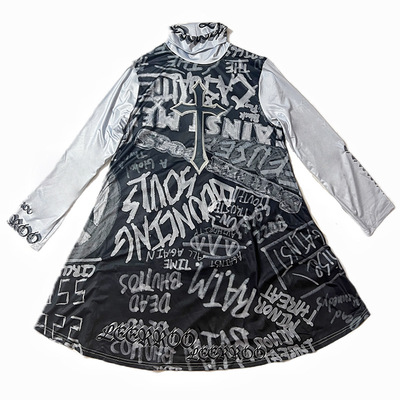 蝴蝶骨 原创设计街头涂鸦显瘦ABG辣妹长袖打底连衣裙2023春夏