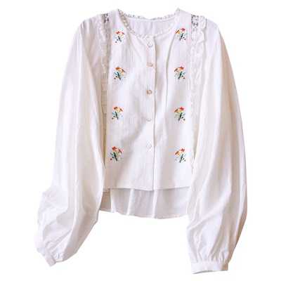 碎花刺绣蕾丝花边圆领松弛感衬衫