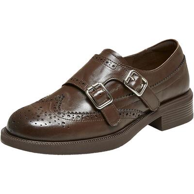 百思图2026春牛皮厚底乐福鞋女