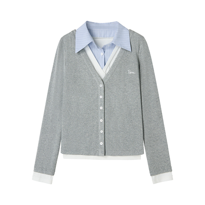 Uena灰色字母刺绣假三件长袖T恤