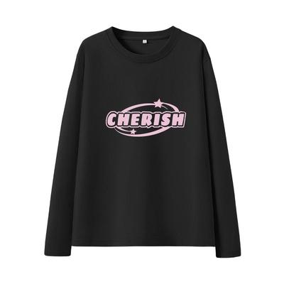 班尼路黑色印花纯棉长袖T恤女2025秋季新款亲肤柔软休闲百搭上衣N