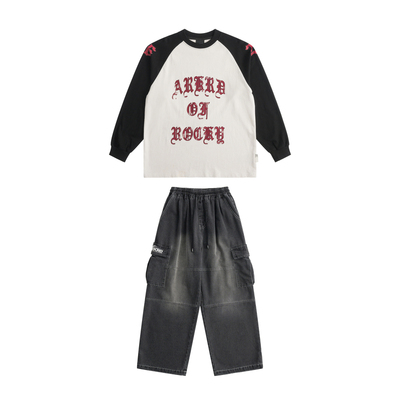 ROCKYROAD童装 少儿插肩袖圆领套头卫衣黑白撞色字母裂纹印花设计