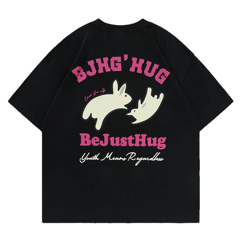 BJHG不计后果夏兔子美式短袖T恤男潮牌宽松情侣装红色设计感上衣_虎窝淘