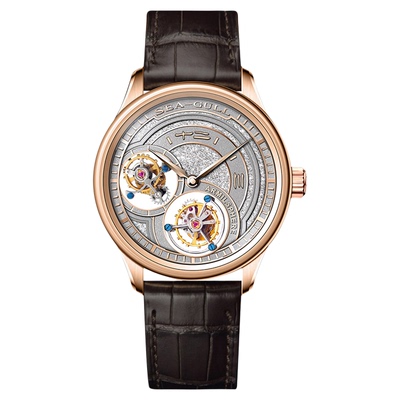 正品海鸥表双陀飞轮浑天仪高级18K金表手动机械男表男士腕表8842G
