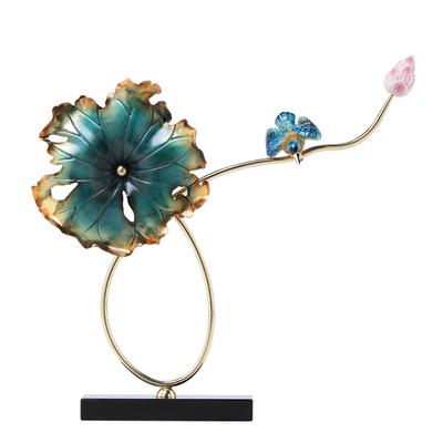 南初先生珐琅彩荷花翠鸟铜摆件