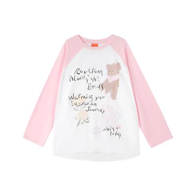 女士圆领长袖套头拼色印花T恤衫