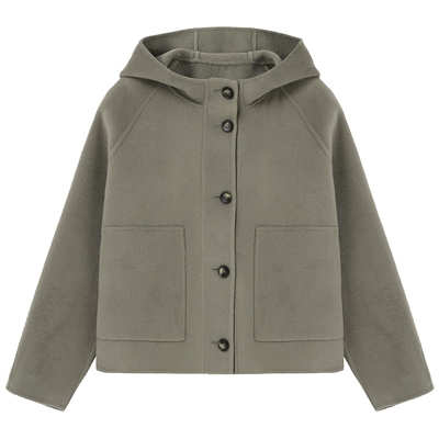 布景羊毛大衣女春季新品简约大口袋连帽直筒短款毛呢外套1105